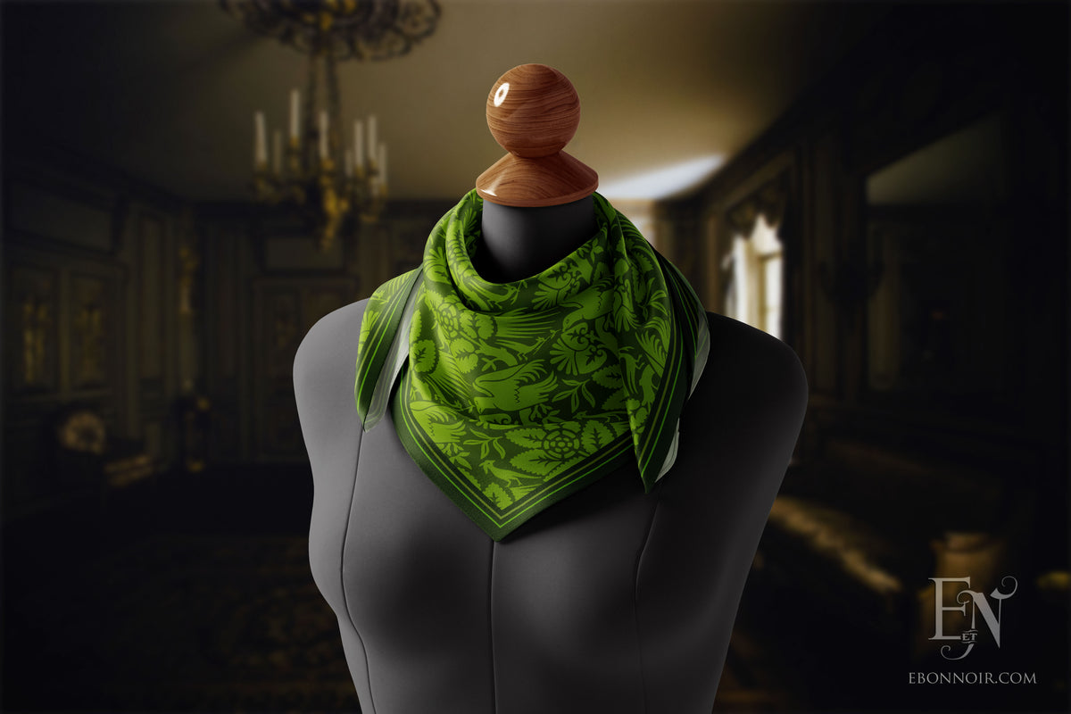 Medieval Woodland with Birds (Green), Luxurious Square Scarf/Wrap/Boho ...